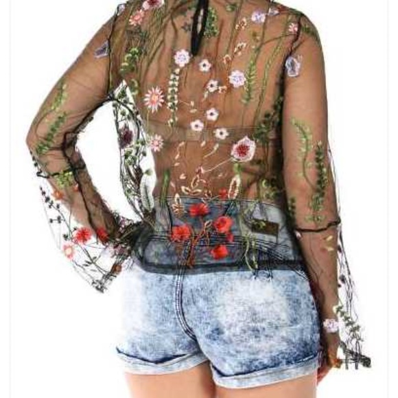 Tops | New Floral Embroidery Mesh Flared Sleeve Top | Poshmark